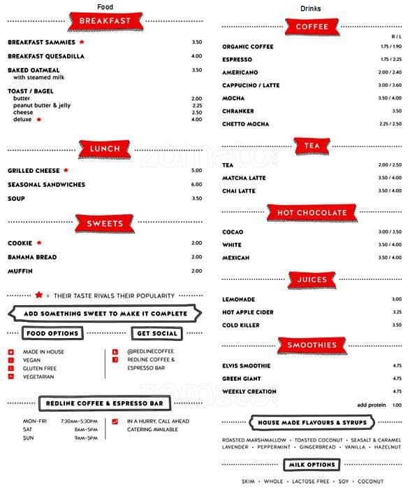 Menu at Red Line Coffee cafe, Toronto