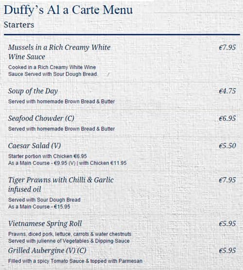 Menu at Duffy's pub & bar, Malahide