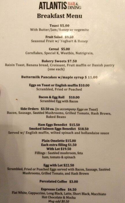 Menu at Atlantis restaurant, North Ryde