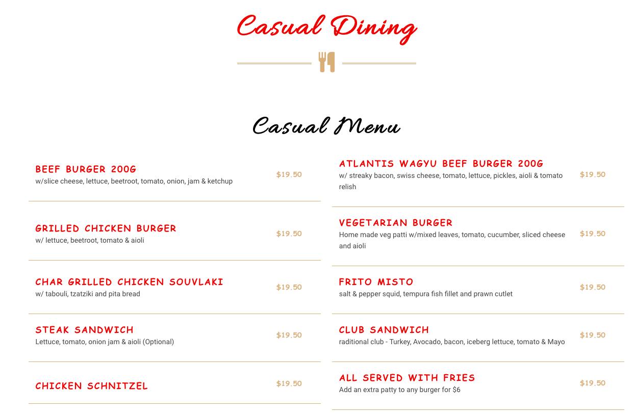 Menu at Atlantis restaurant, North Ryde