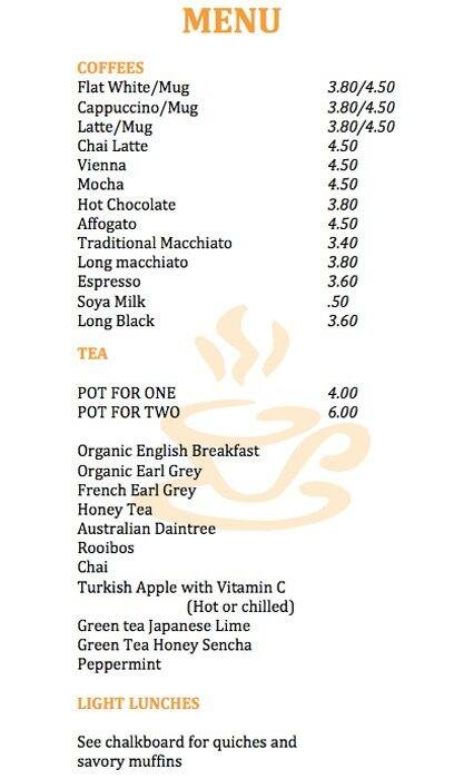 Menu at The Sticky Spoon cafe, West Swan