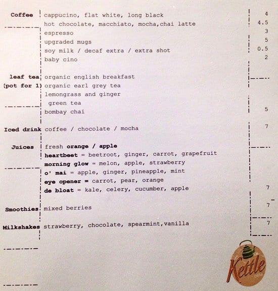 Menu at Kettle Cafe, Lathlain