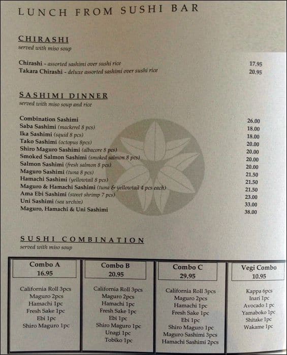 Menu at Takara Sushi restaurant, Oakland
