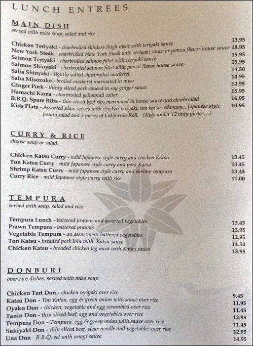 Menu at Takara Sushi restaurant, Oakland