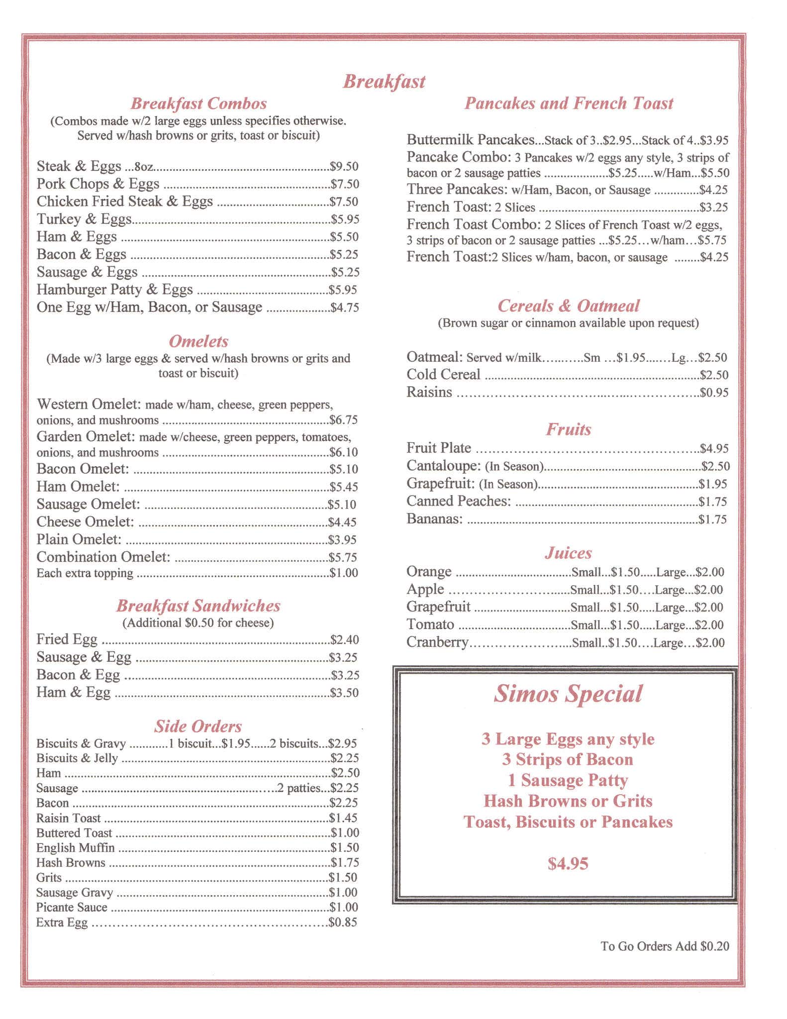 Menu at Simos Diner restaurant, Houston