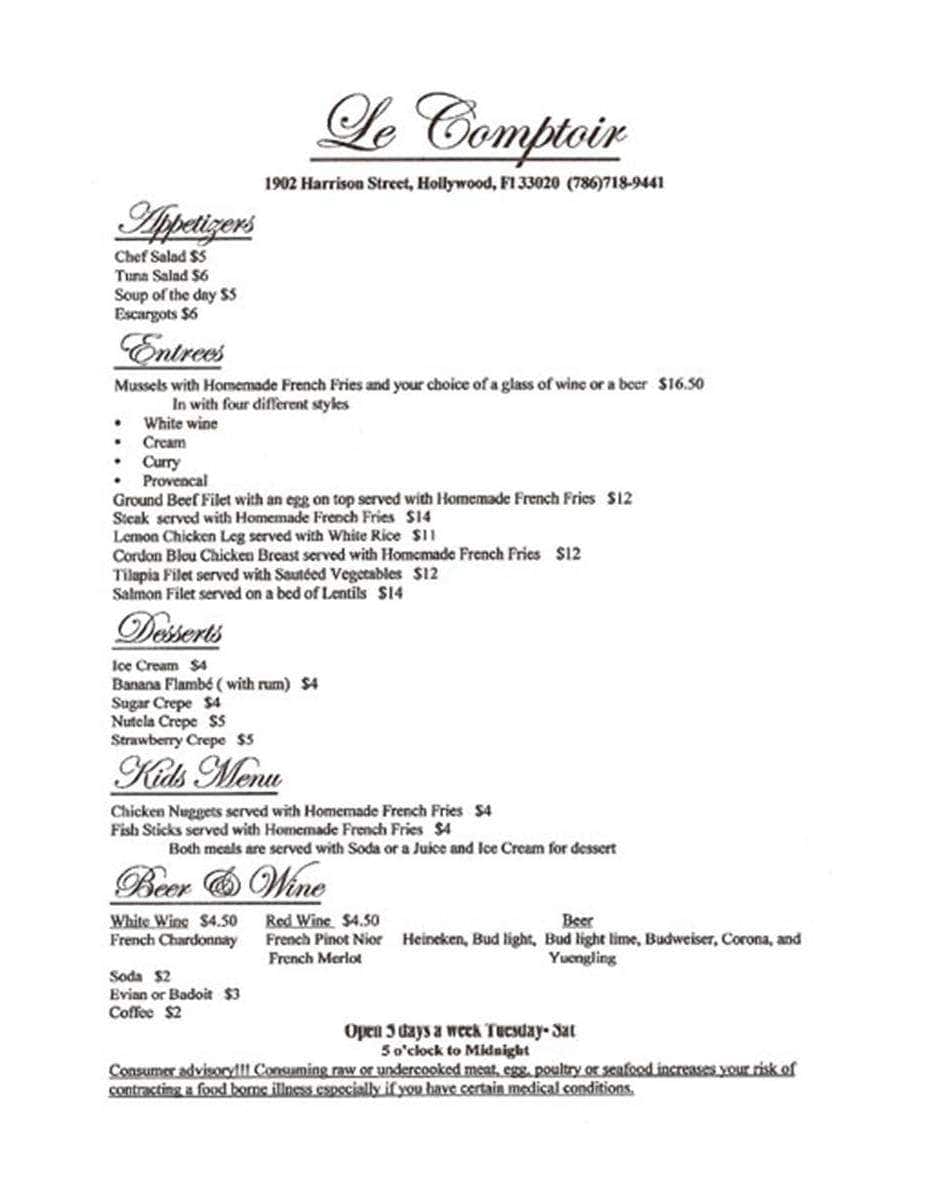 Menu at Le Comptoir restaurant, Hollywood