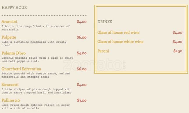 Menu at Cibo pizzeria, Phoenix