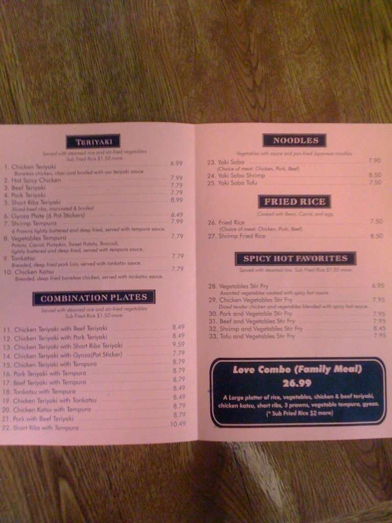 Menu at Love Teriyaki restaurant, Wilsonville