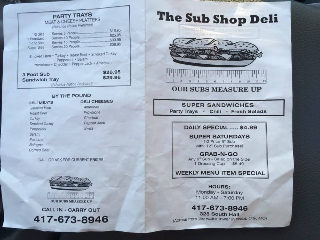 Menu at Sub Shop Deli restaurant, Webb City