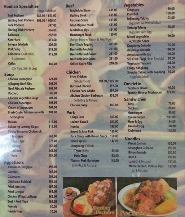 Menu at Abuhan Pochero restaurant, Cebu City, F. Ramos St.