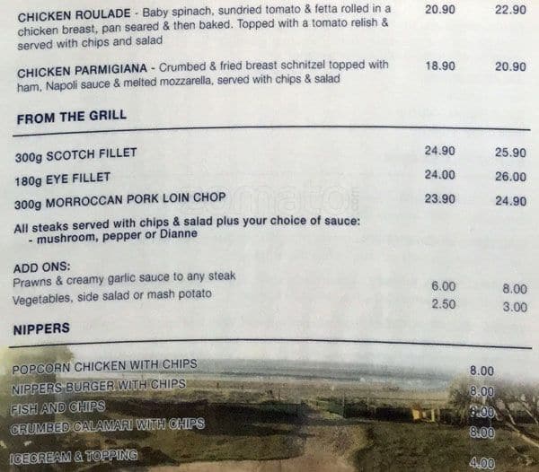 Menu at Kirra Beach Surf Club, Coolangatta