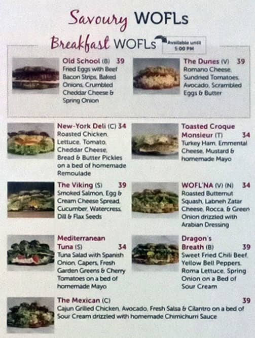 Menu of WOFL, Mudon, Dubai