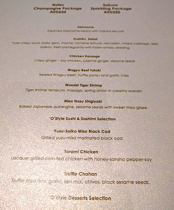 Menu of OKKU, Palm Jumeirah, Dubai