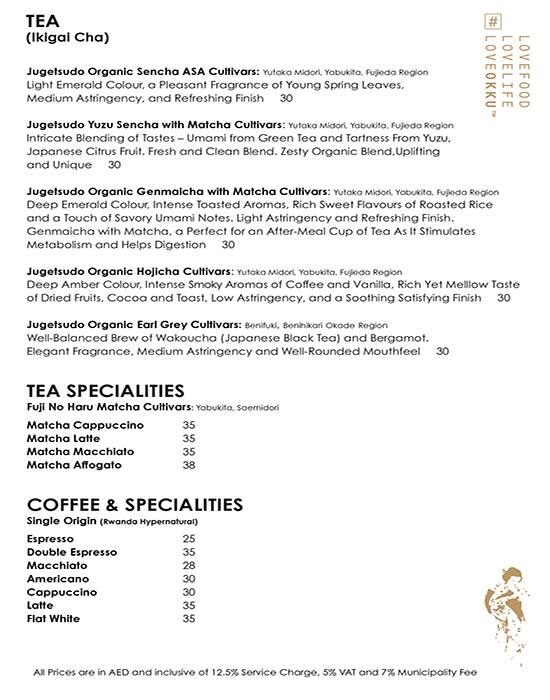 Menu of OKKU, Palm Jumeirah, Dubai