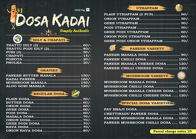 Menu of VJ Dosa Kadai, Avadi, Chennai