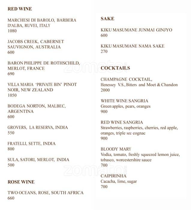 Menu at UNO Izakaya - JW Marriott, Bengaluru