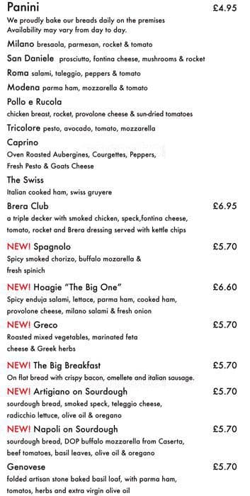 Menu at Brera cafe, London, Unit 12