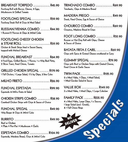 Menu au FUNCHAL FAST FOODS, Roodepoort, 44 Cecil Knight St