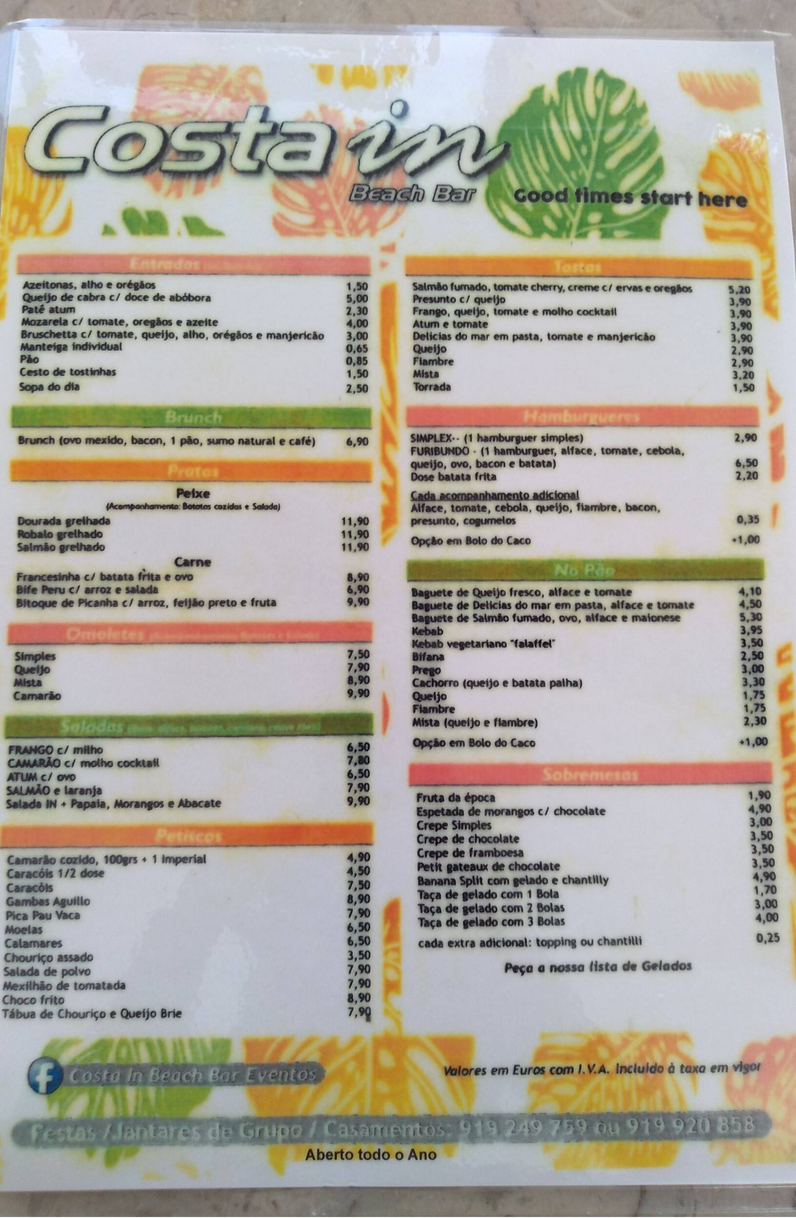 Menu at Costa In restaurant, Costa da Caparica, Av. Gen. Humberto ...