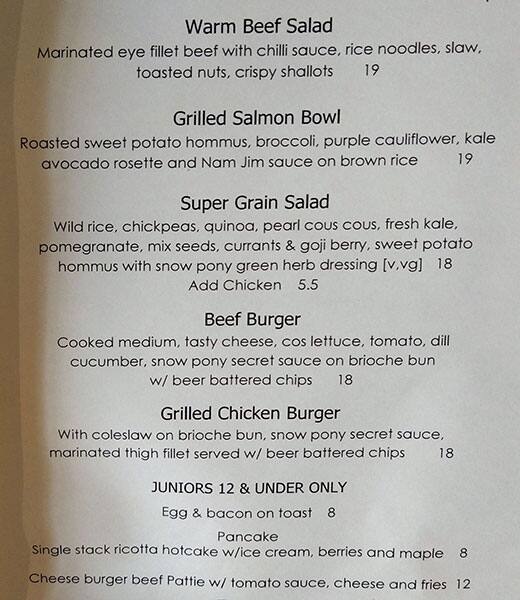 Menu at Snow Pony cafe, Deepdene