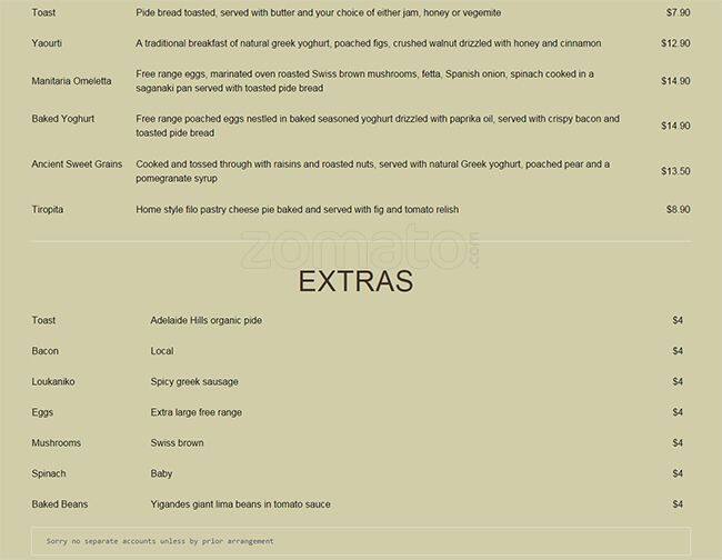 Menu at Eros Kafe restaurant, Adelaide