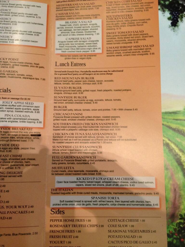 Menu at Sunnyside Breakfast Lounge pub & bar, Mesa