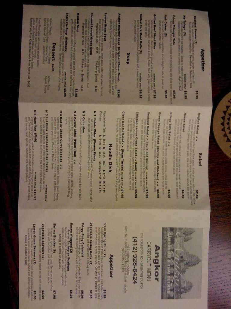 Menu at Angkor Restaurant, Pittsburgh