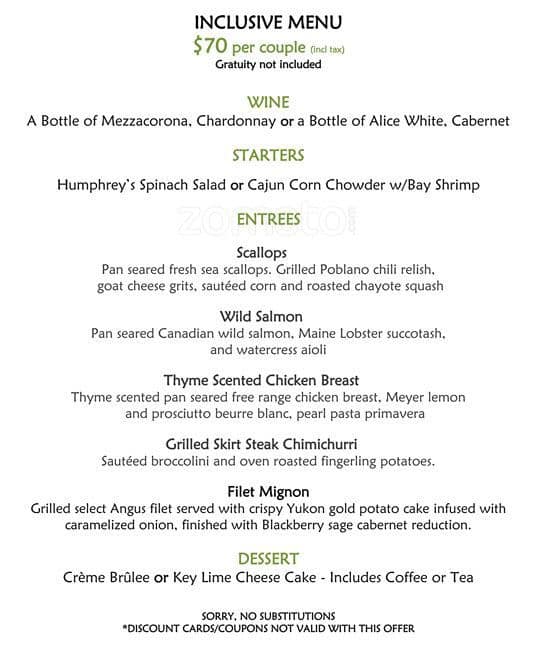 Menu at Humphreys La Jolla Grill restaurant, San Diego, Holiday Ct