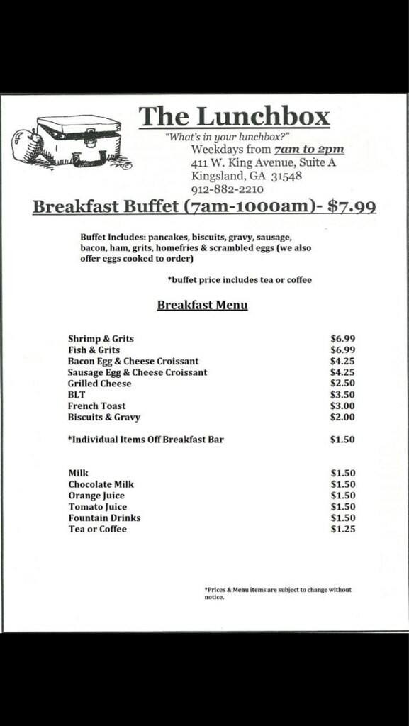 Menu at The Lunchbox restaurant, Kingsland