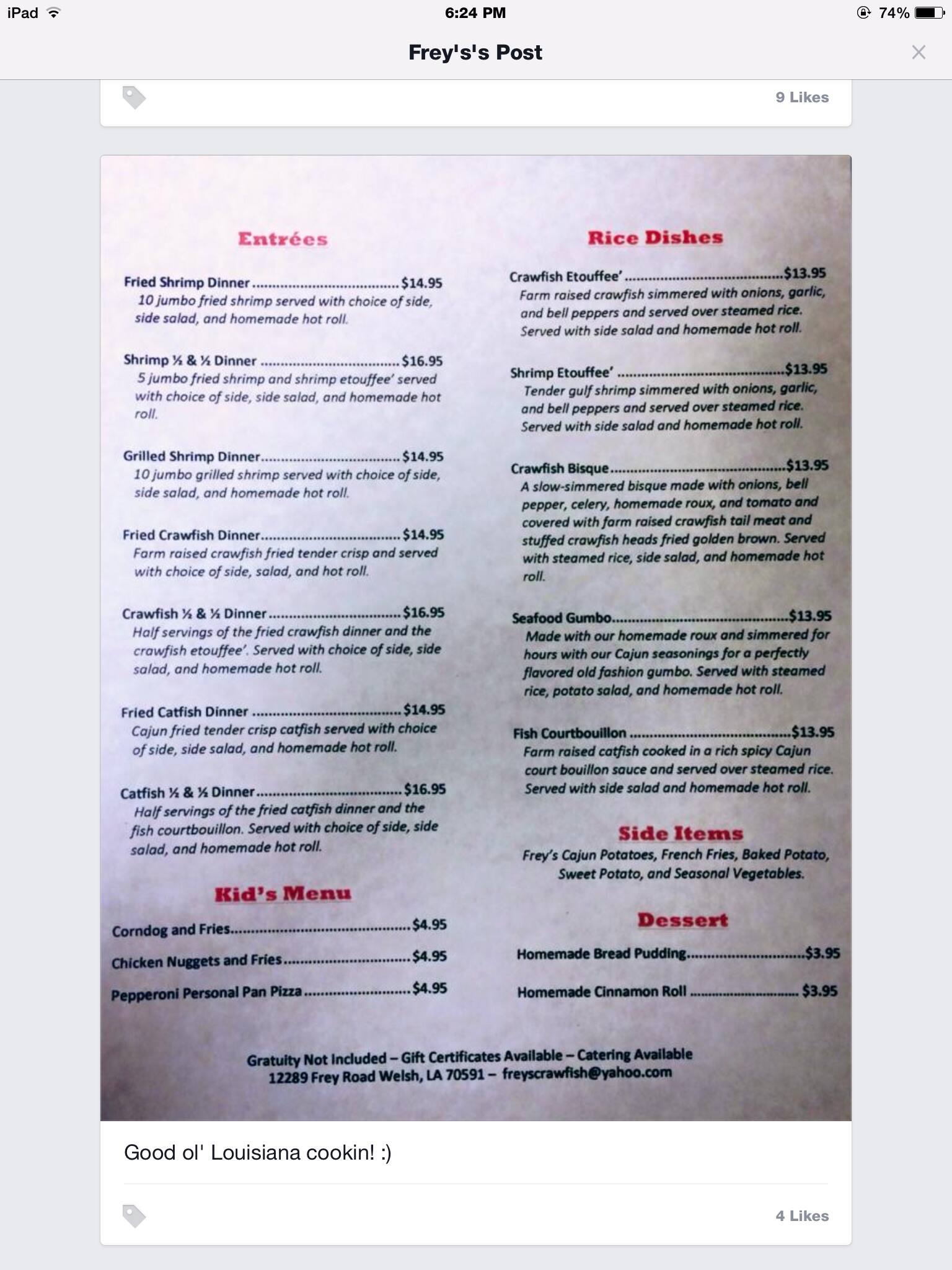Carta del restaurante Frey's Crawfish, Welsh