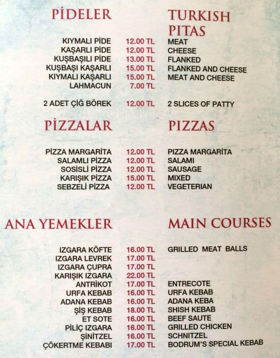 Menu at Amfora Restaurant, Bodrum
