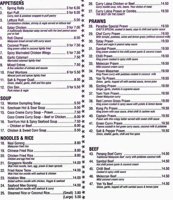 Menu at Malay Paradise Restaurant, Hollywell