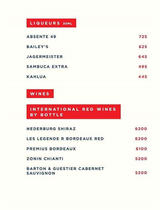 Menu of Red Rhino, Whitefield, Bangalore