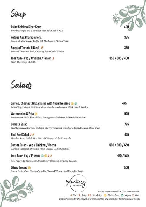 Menu of The Sanctuary Bar & Kitchen, Film Nagar, Hyderabad