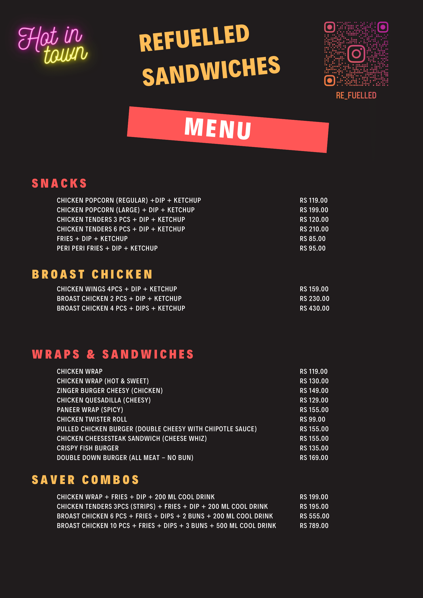 Menu of Refuelled Sandwiches, Masab Tank, Hyderabad