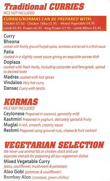 Menu at Curry Kings restaurant, Edinburgh
