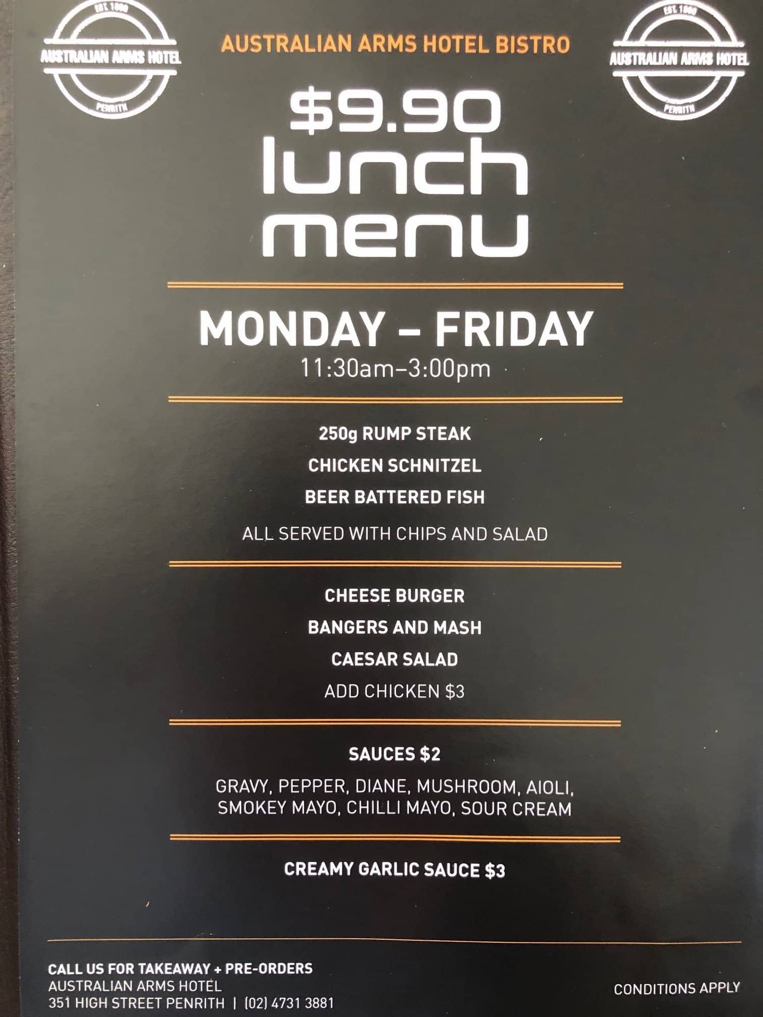 Menu at Australian Arms hotel pub & bar, Penrith