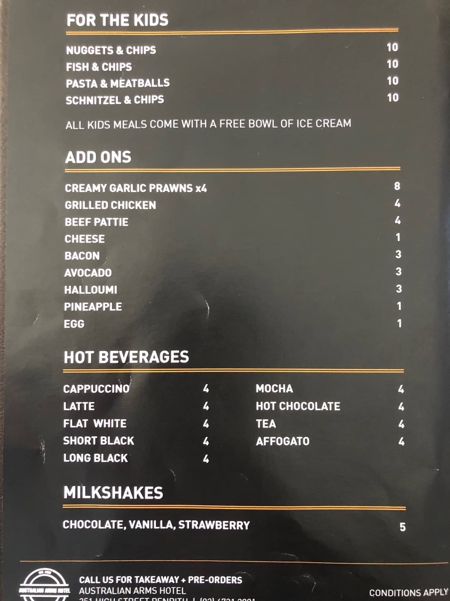 Menu at Australian Arms hotel pub & bar, Penrith