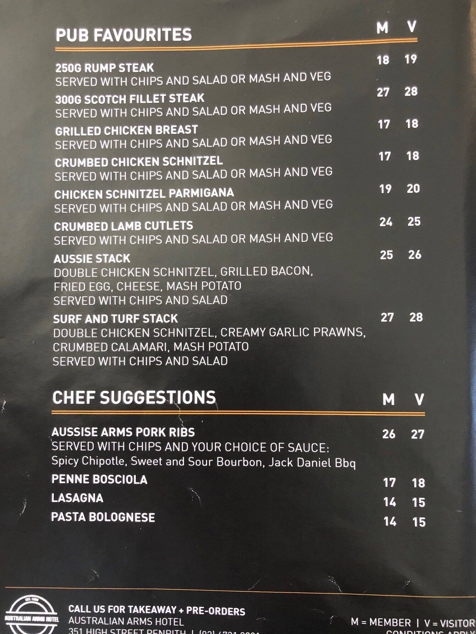 Menu at Australian Arms hotel pub & bar, Penrith