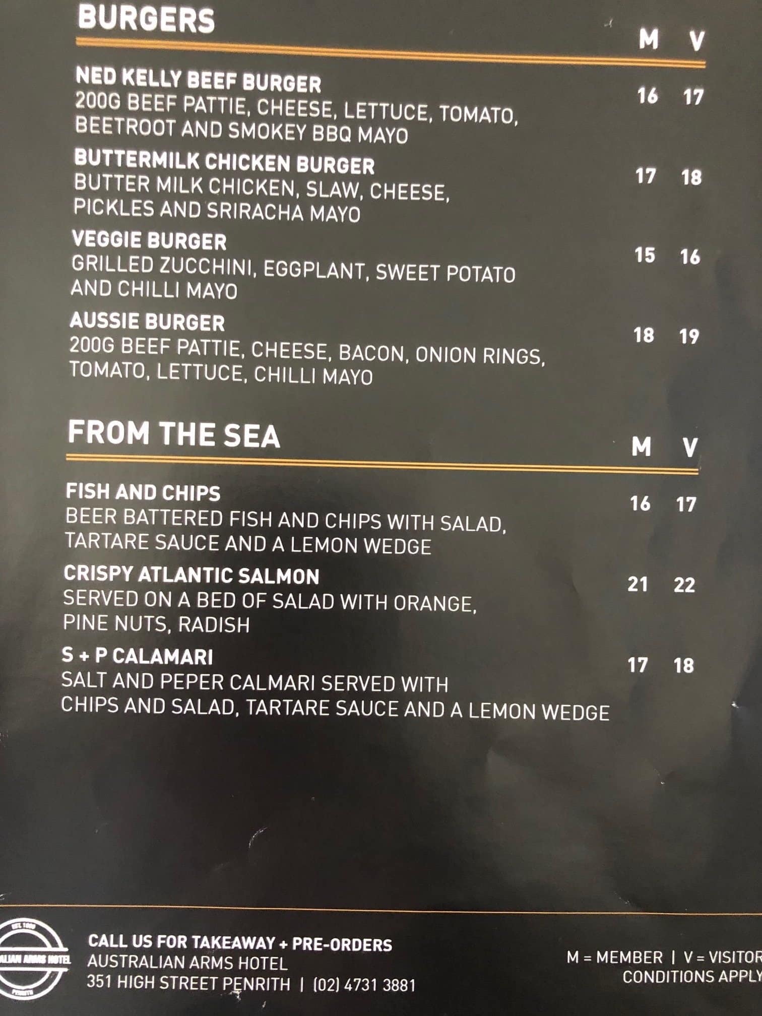 Menu at Australian Arms hotel pub & bar, Penrith