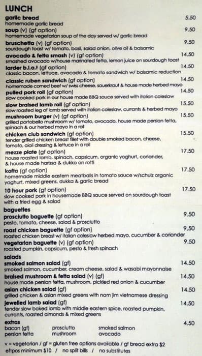 Menu at Larder Section restaurant, Melbourne