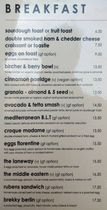 Menu at Larder Section restaurant, Melbourne