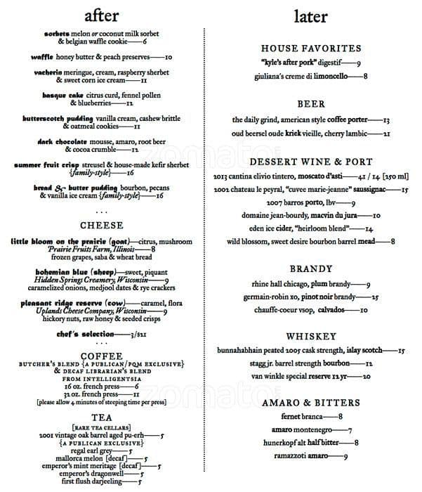 Menu at The Publican, Chicago