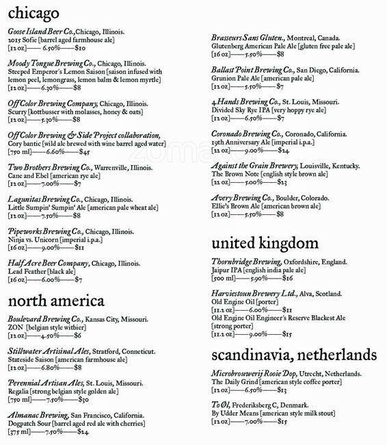 Menu at The Publican, Chicago