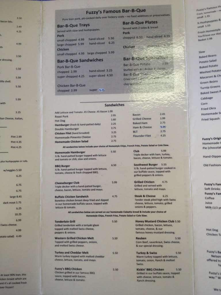 Menu at Fuzzy's BBQ, Madison