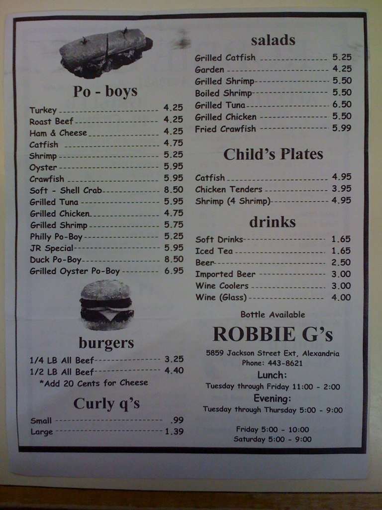 Menu at Robbie G's Restaurant, Alexandria, Jackson St