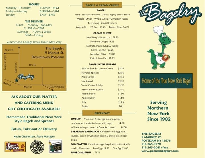 Menu at Bagelry cafe, Potsdam