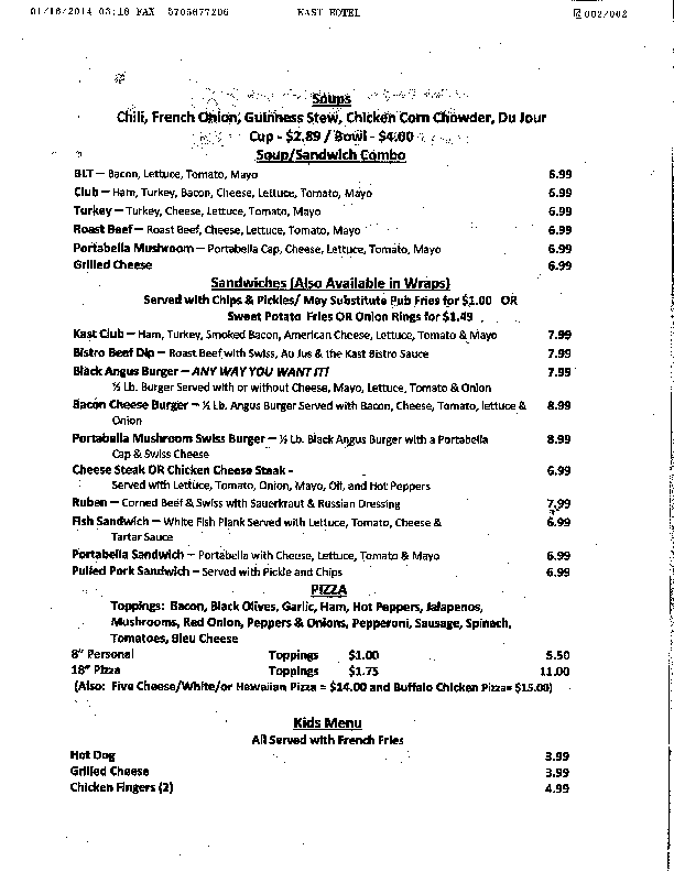Menu at Kast Hotel, Williamsport, West 4th St