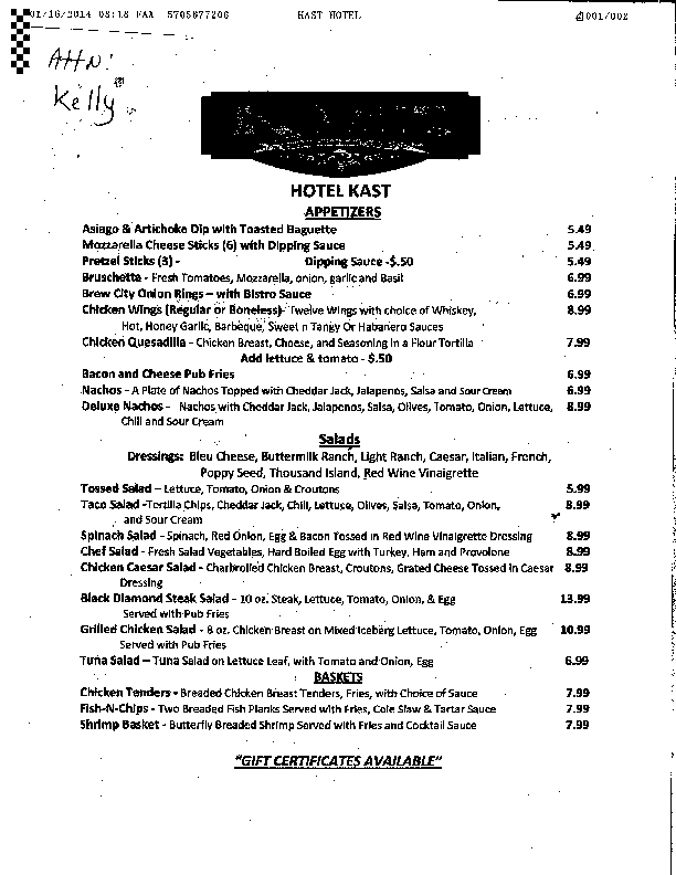 Menu at Kast Hotel, Williamsport, West 4th St