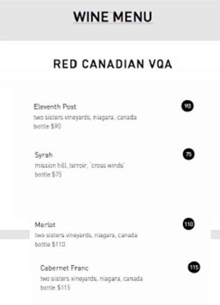 Menu at David Duncan House restaurant, Toronto, 125 Moatfield Dr